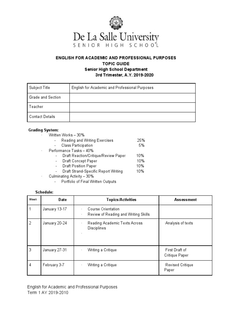 English For Academic and Professional Purposes Topic Guide Senior High ...