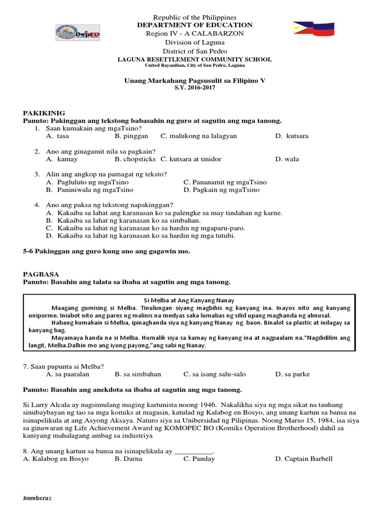 GRADE 5 Kto12 FILIPINO 1ST PT 2016 | PDF