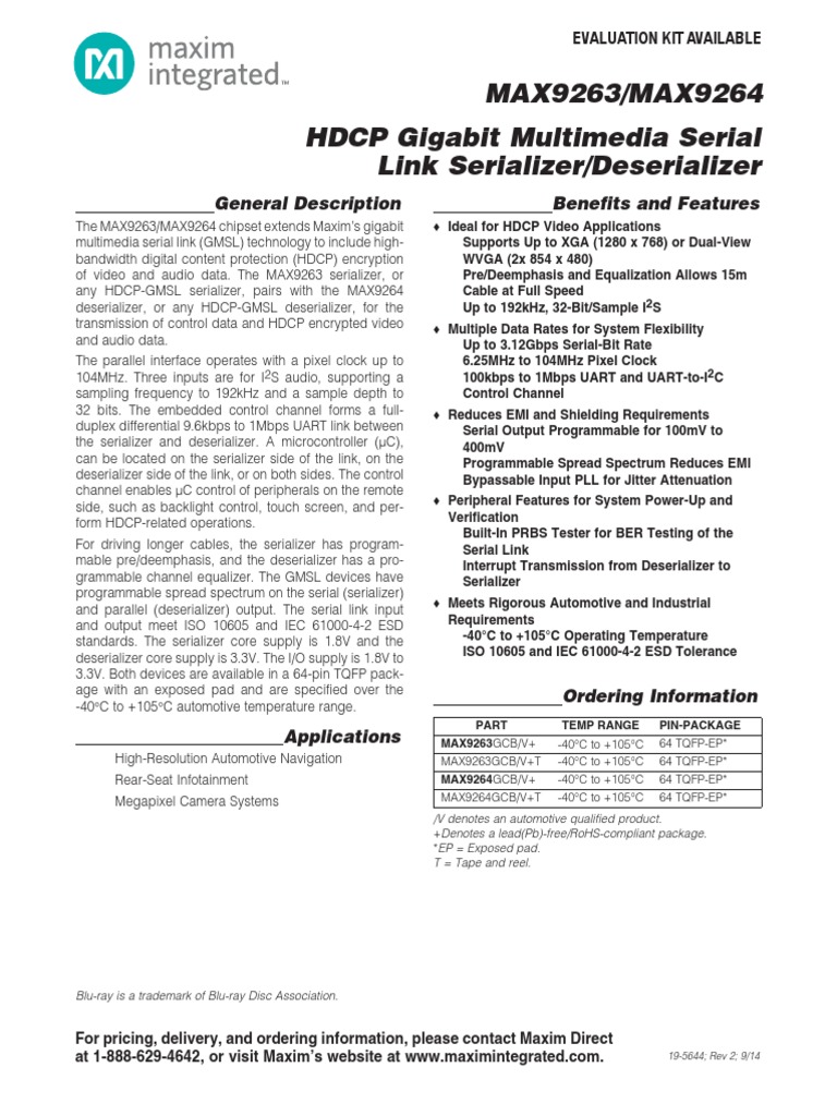 HDCP Gigabit Multimedia Serial Link Serializer/Deserializer MAX9263 ...