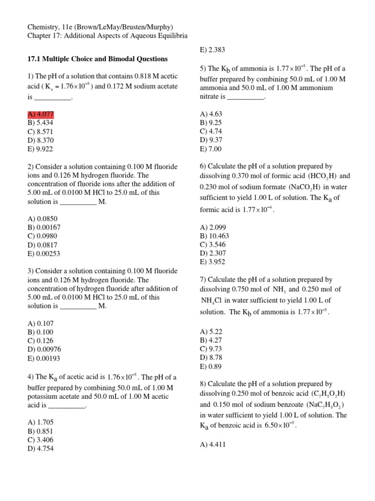 Ch17 - Additional Aspects of Aqueous Equilibria | PDF | Acid | Ph