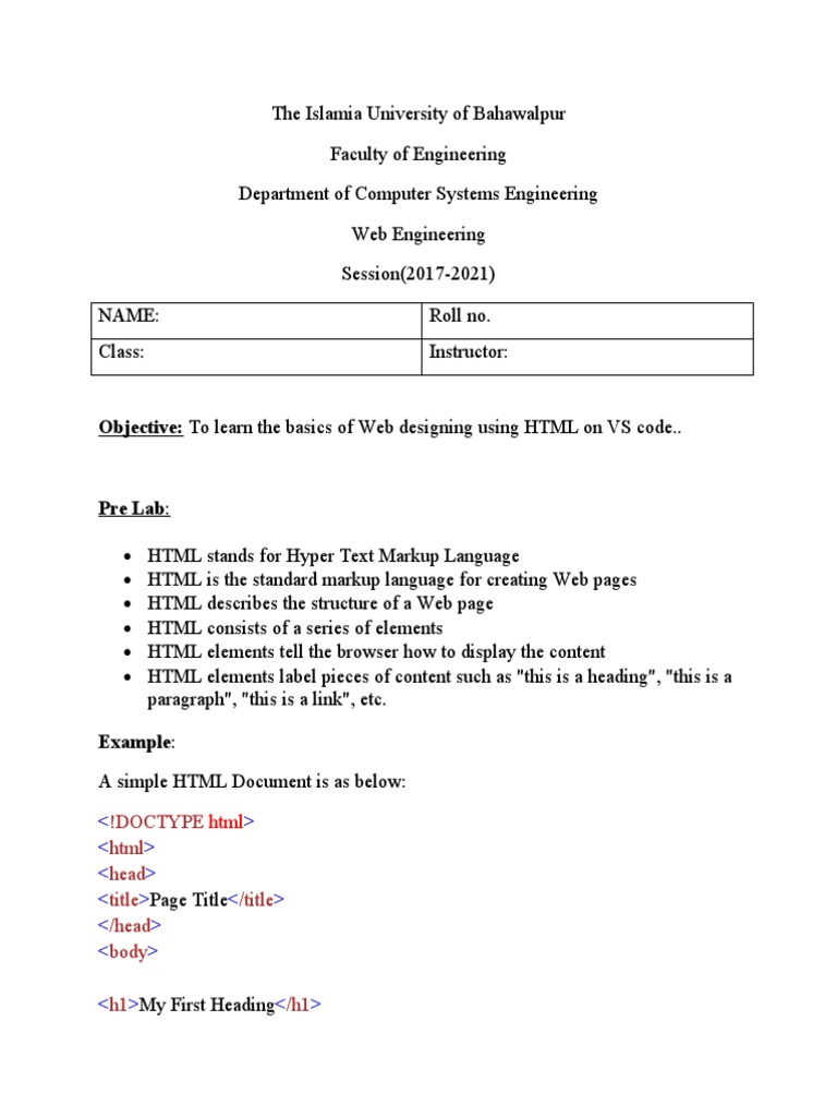 Objective: To Learn The Basics of Web Designing Using HTML On VS Code. | PDF | Html | Html Element