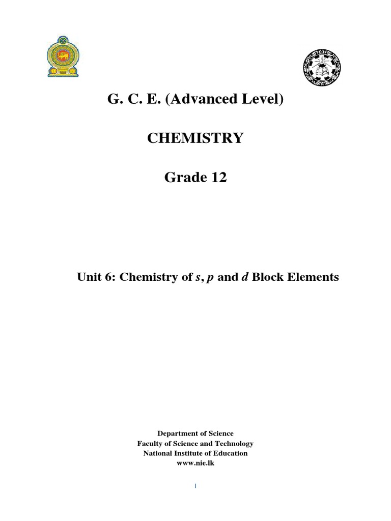 G. C. E. (Advanced Level) Chemistry Grade 12: Unit 6: Chemistry of S, P ...