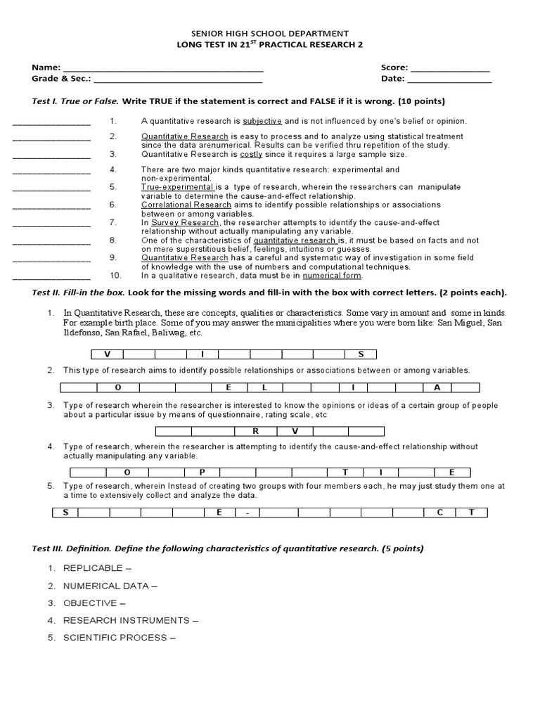 Long Test in 21 Practical Research 2 Name: - Score: - Grade & Sec ...