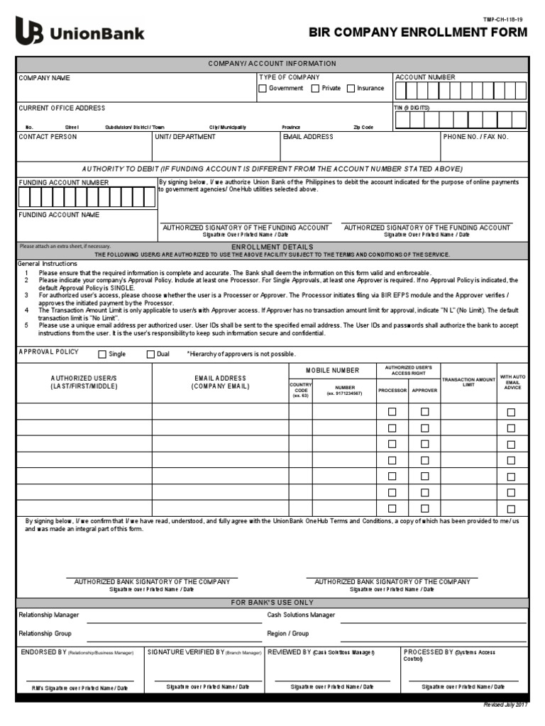 BIR Company Enrollment Form - 03122019 | PDF | Banks | Signature