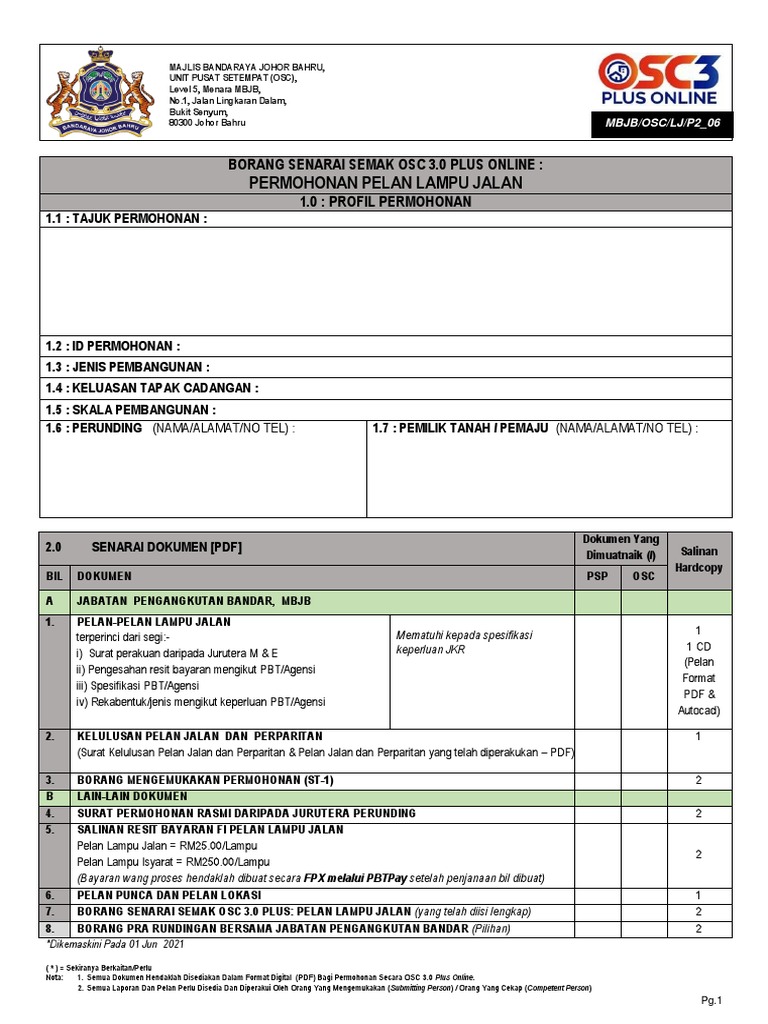 4 MBJB Osc LJ p2 6 Borang Senarai Semak Permohonan Pelan Lampu Jalan | PDF