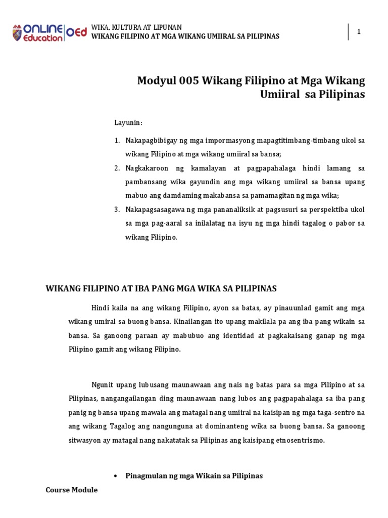 Week 5 Wikang Filipino at Mga Wikang Umiiral Sa Pilipinas | PDF