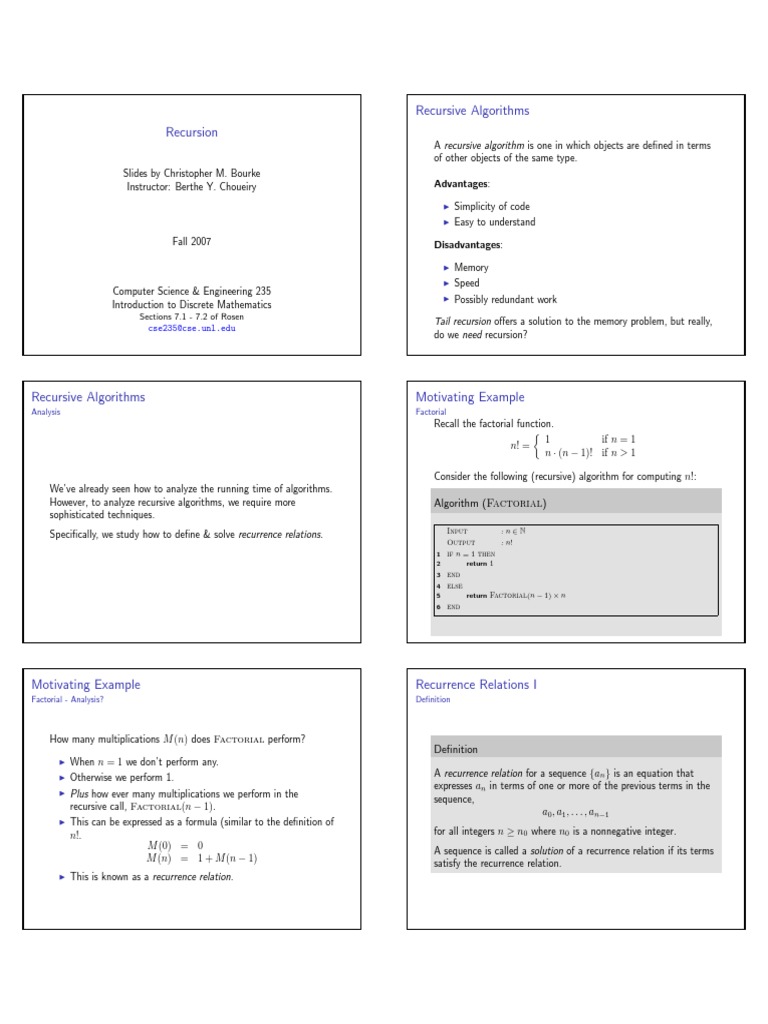 Recursion Recursive Algorithms: Sections 7.1 - 7.2 of Rosen | PDF ...
