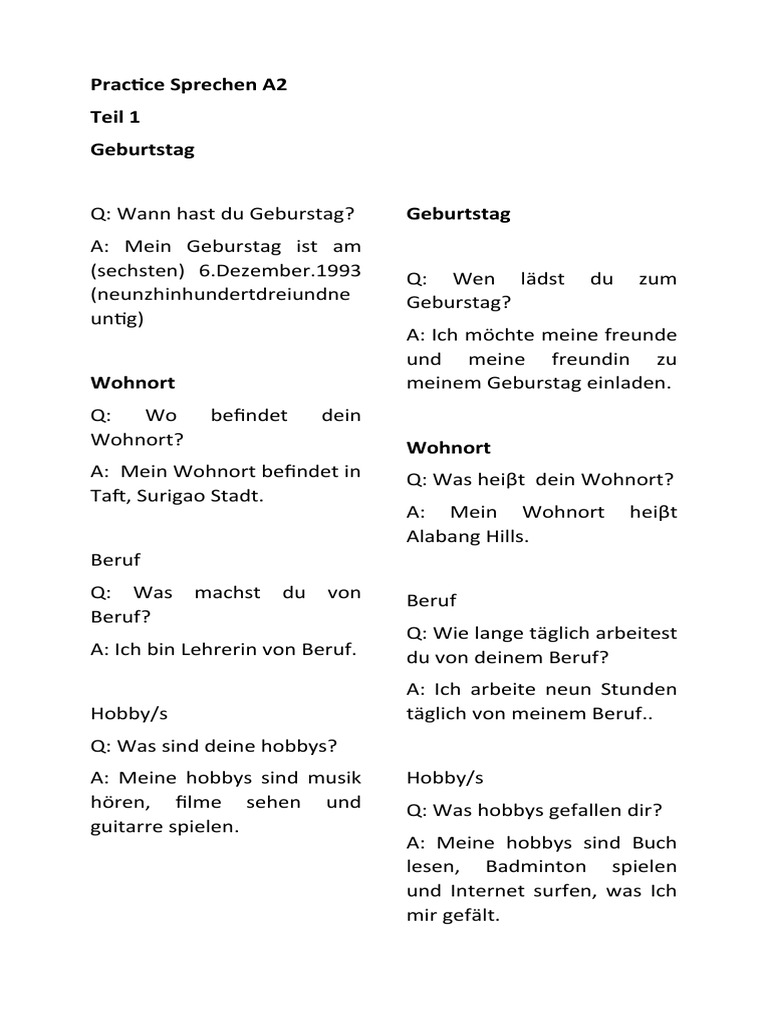 Practice Sprechen A2 | PDF