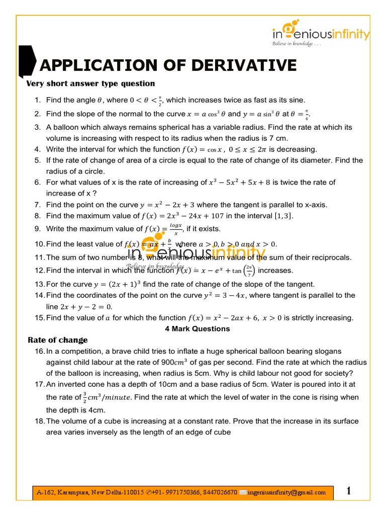 Application of Derivative: Very Short Answer Type Question | PDF | Area ...