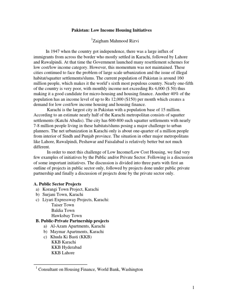 Pakistan: Low Income Housing Initiatives | PDF | Public–Private ...