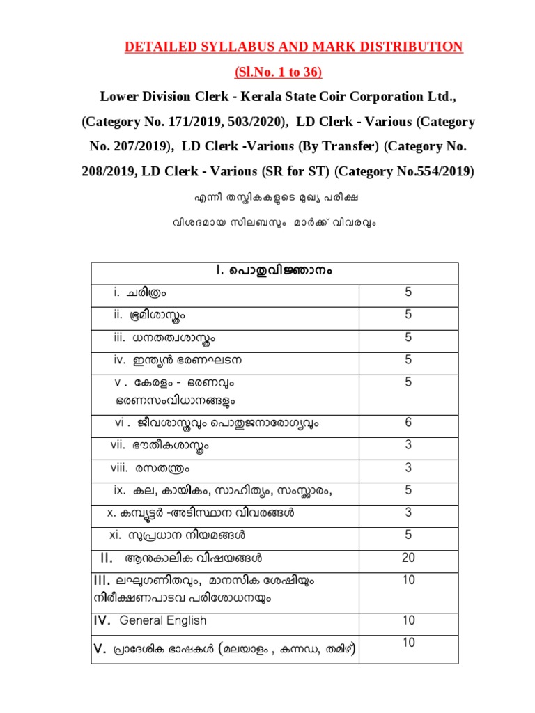 Detailed Syllabus For LDC Kerala PSC | PDF