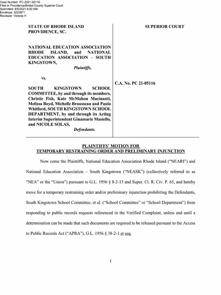 National Education Association of RI v. Nicole Solas - Motion For TRO and Preliminary Injunction ...