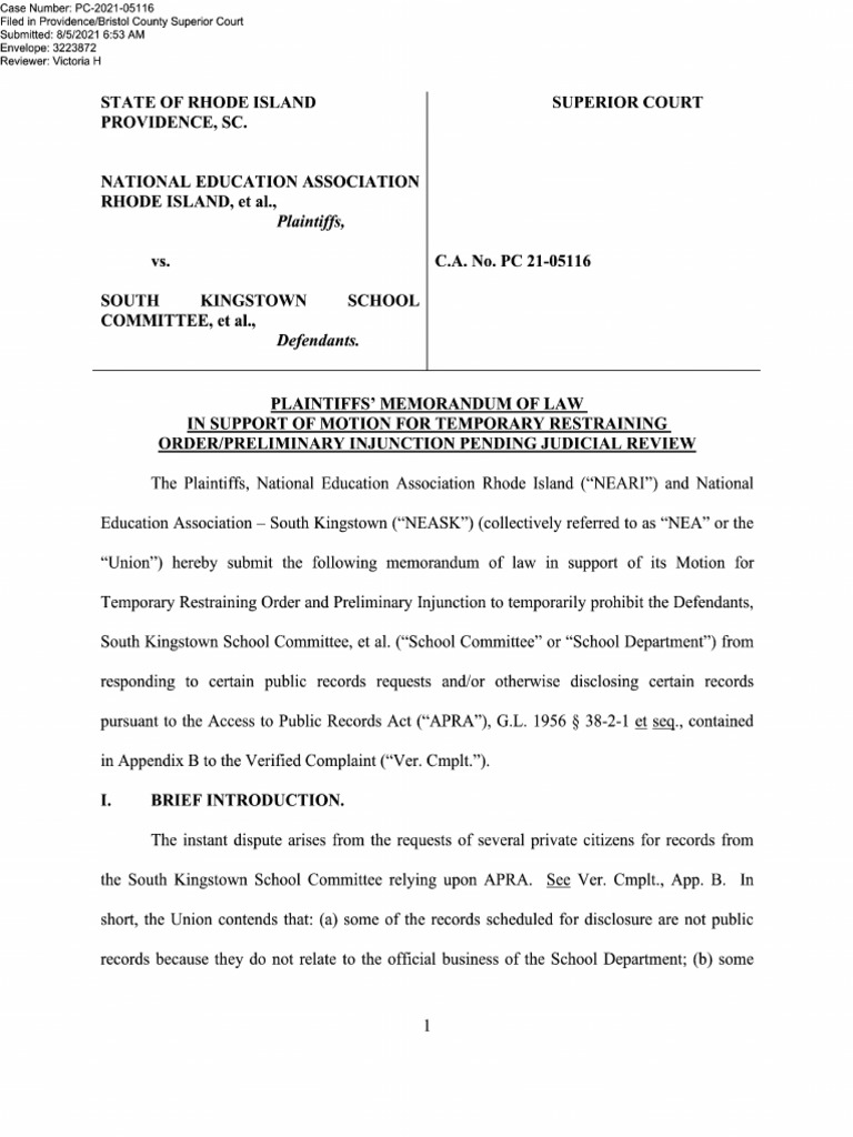 National Education Association of RI v. Nicole Solas - Memo of Law in ...