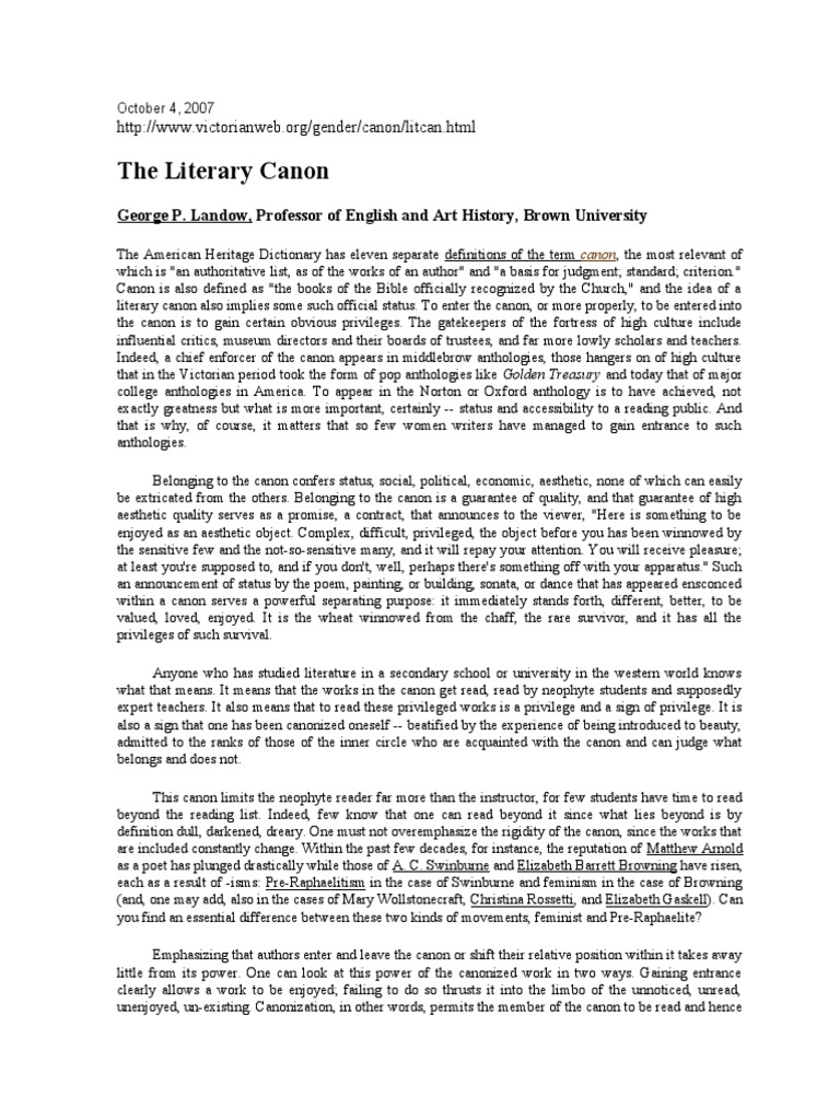 Landow, George - The Literary Canon | PDF | Feminism | Gender Studies
