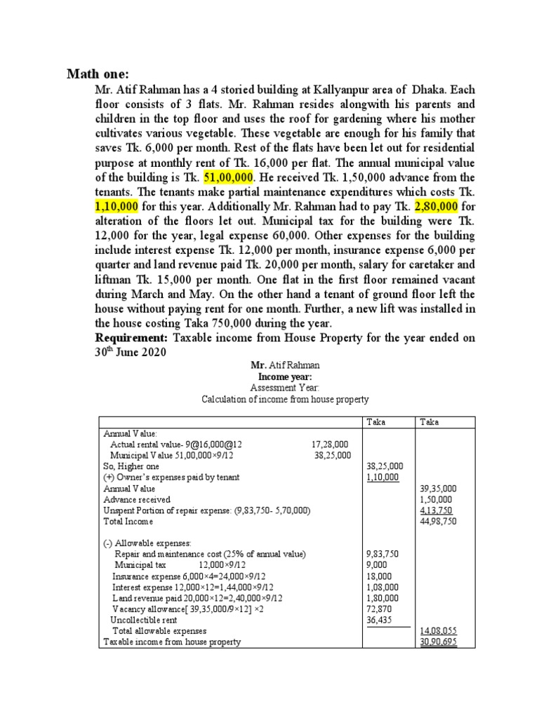 Math One:: Requirement: Taxable Income From House Property For The Year ...