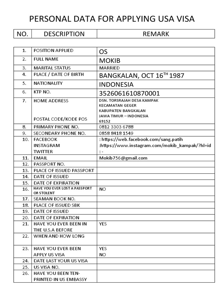 Contoh PERSONAL DATA FOR APPLYING USA VISA | Download Free PDF | Human ...