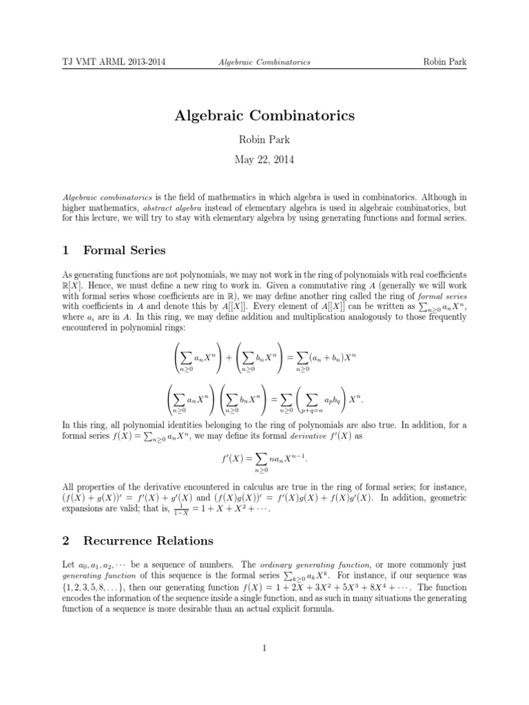 Algebraic Combinatorics: 1 Formal Series | Download Free PDF | Field ...