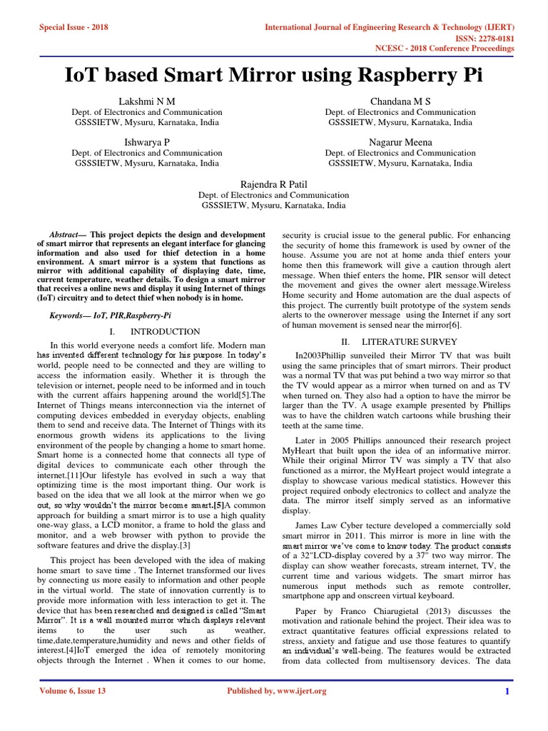 Iot Based Smart Mirror Using Raspberry Pi Ijertconv6is13131 Pdf Internet Of Things Home