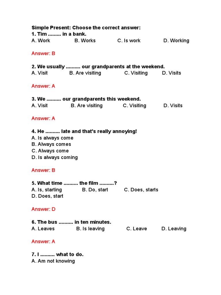 Multiple Choice On Present Simple And Present Continuous New Pdf