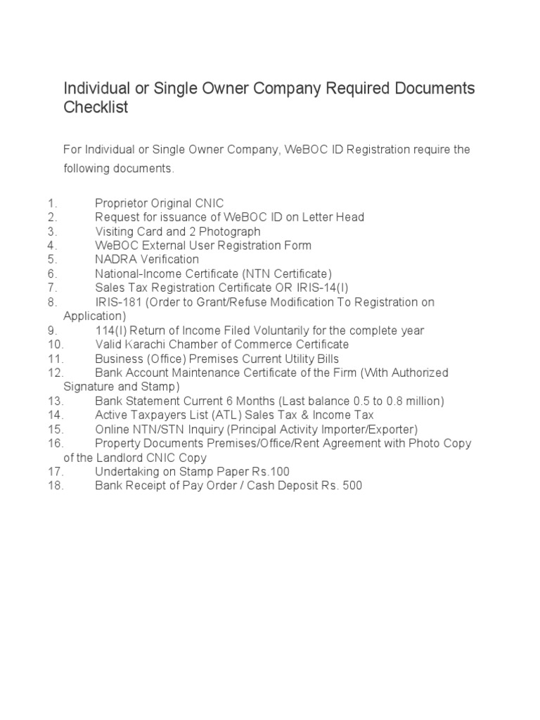 WeBOC ID Registration Document Checklist | PDF | Taxes | Receipt