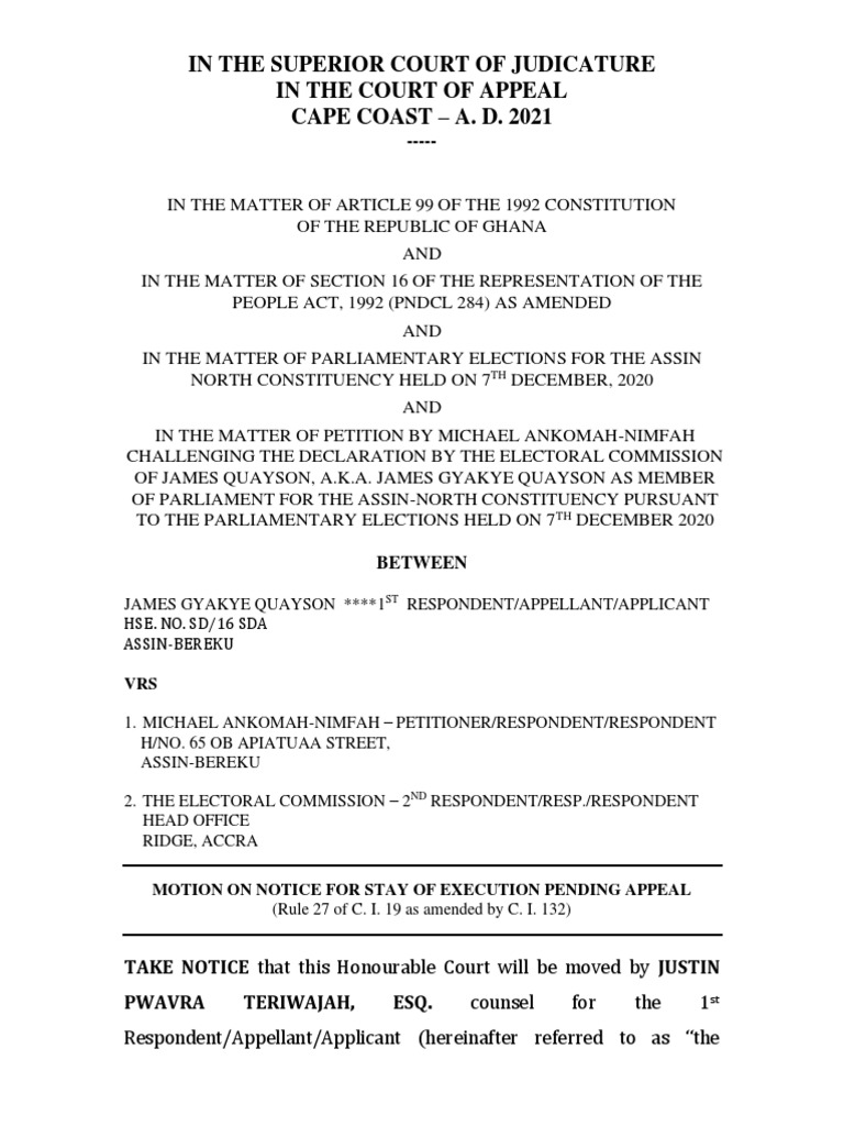 Stay of Execution Pending Appeal - James Quayson | PDF | High Court Of ...