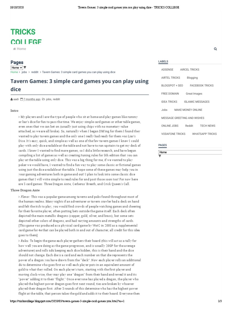 Tavern Games - 3 Simple Card Games You Can Play Using Dice - TRICKS ...