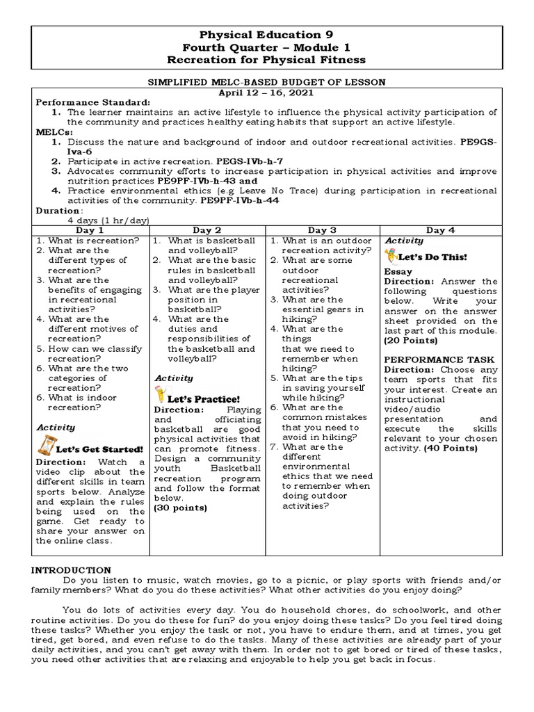 Physical Education 9 Fourth Quarter - Module 1 Recreation For Physical ...