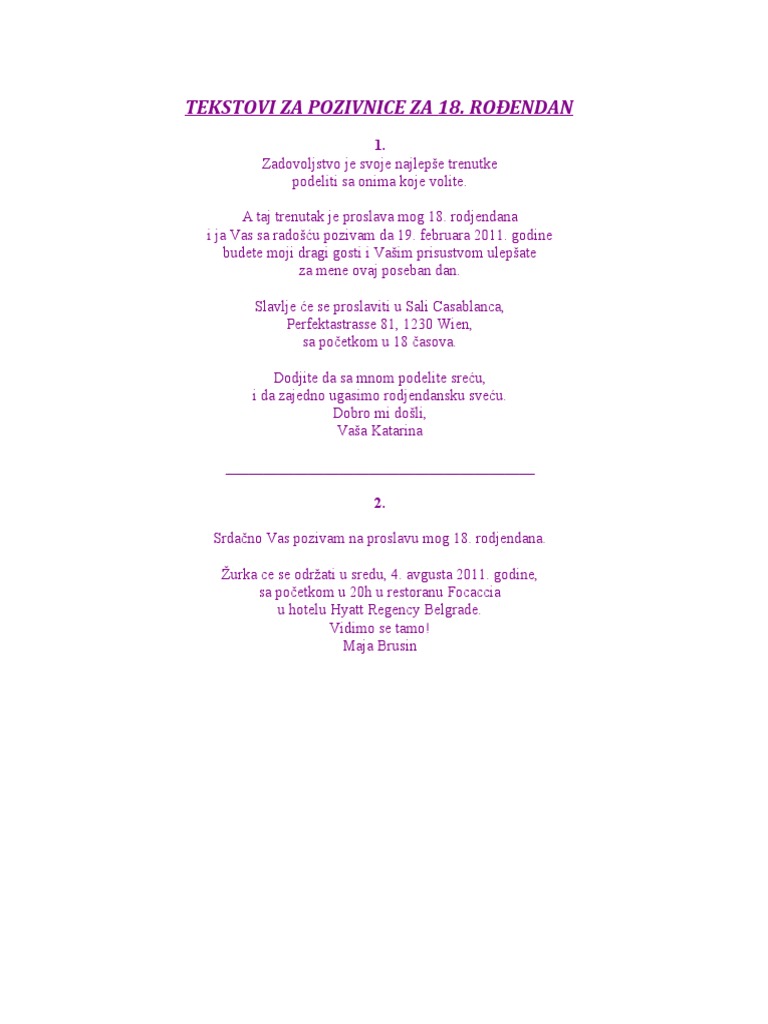 TEKSTOVI ZA POZIVNICE ZA 18. Rodj 2017 | PDF