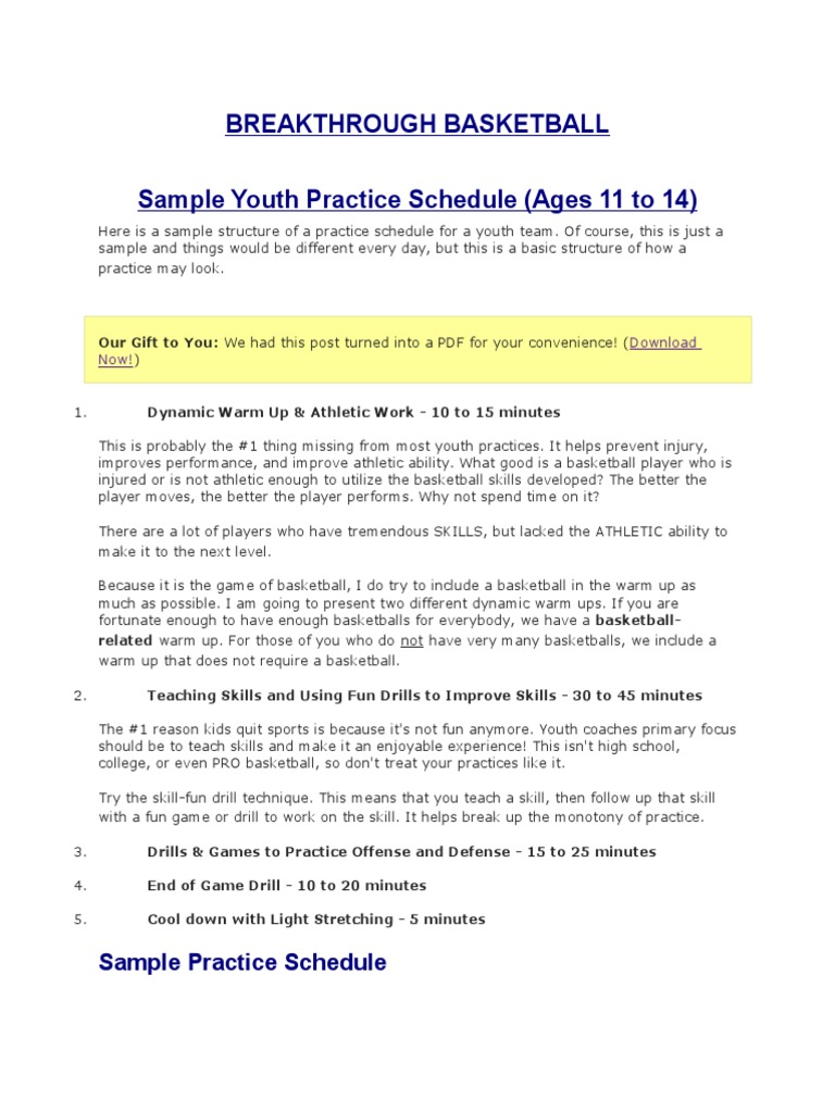 Breakthrough Basketball Sample Youth Practice Schedule (Ages 11 To 14 ...