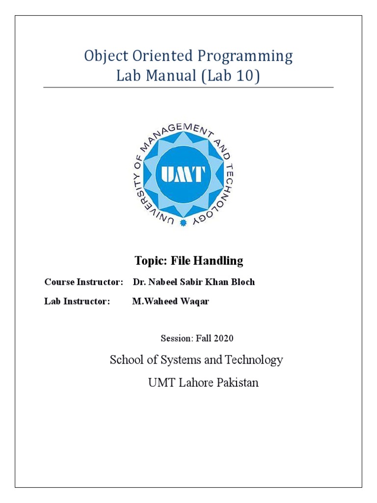 Object Oriented Programming Lab Manual Lab 10 Topic File Handling Pdf Computer File C