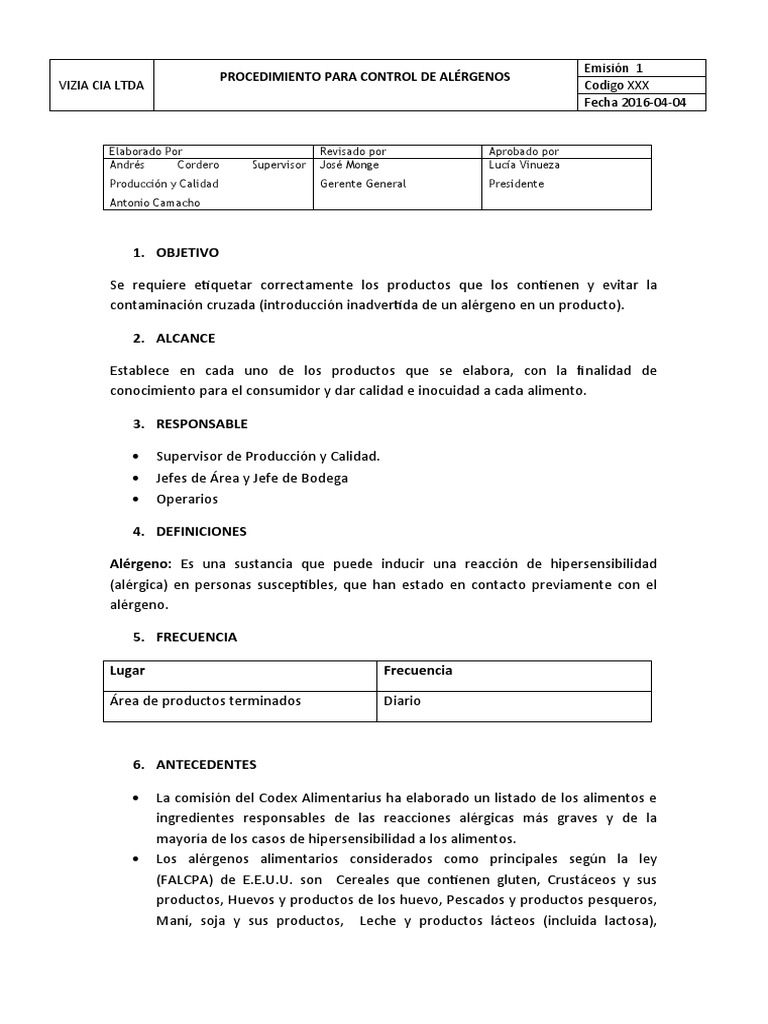 Control De Alérgenos Pdf Alergia Alimentos