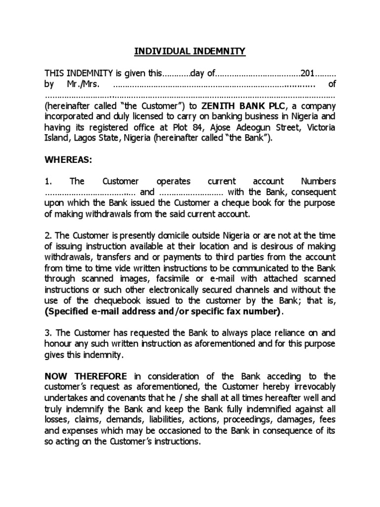 Indemnity Form | PDF | Banks | Cheque