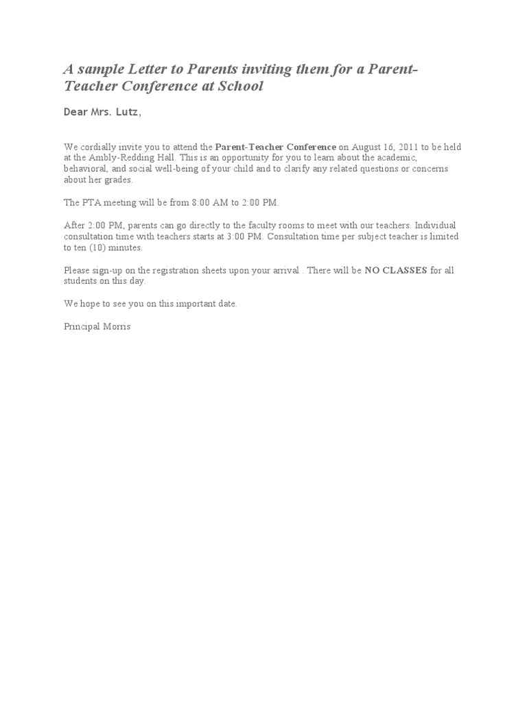 A Sample Letter To Parents Inviting Them For A Parent | PDF