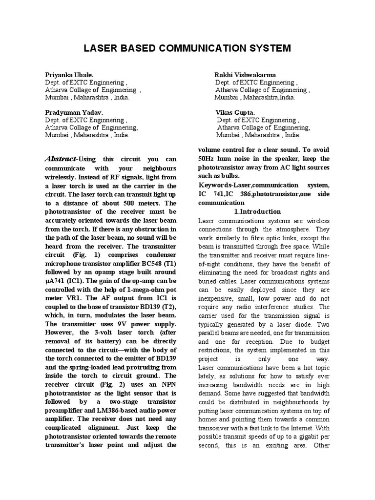 Project Report Laser Communication System | PDF | Amplifier | Operational Amplifier
