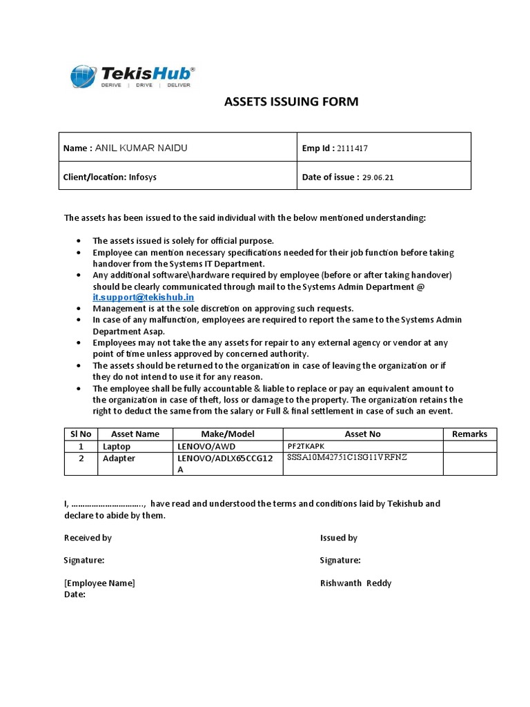 Assets Issuing Form: Name: Empid | PDF | Business | Computers