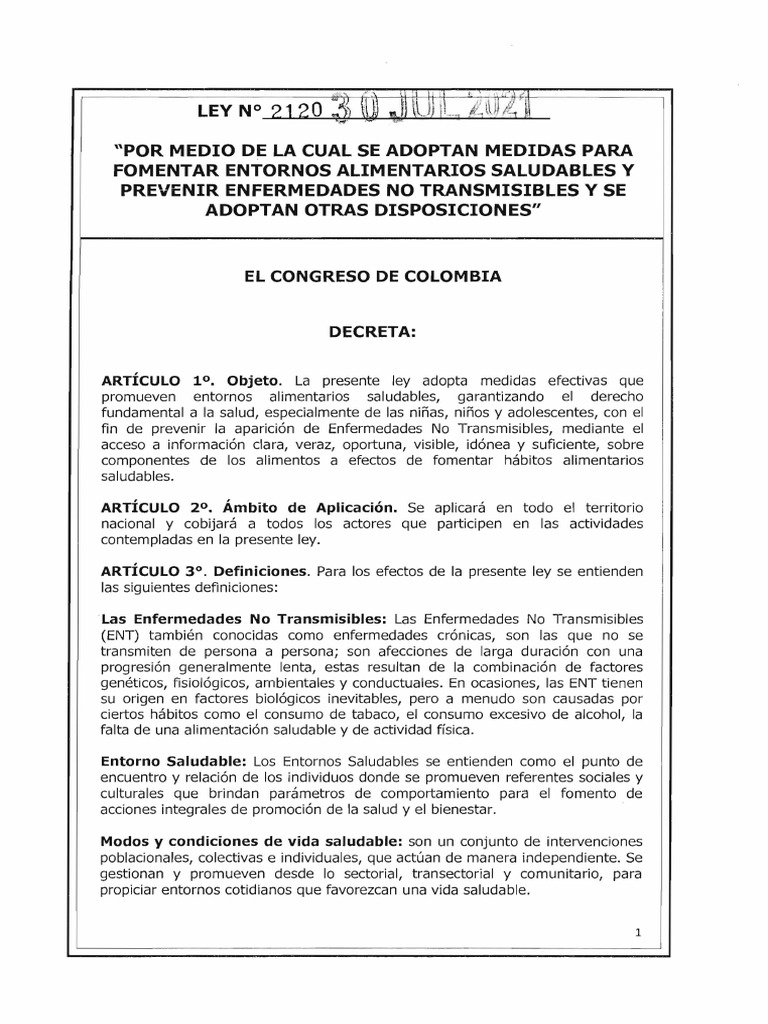 Ley 2120 Del 30 de Julio de 2021, #LeyComidaChatarra | PDF | Seguridad ...