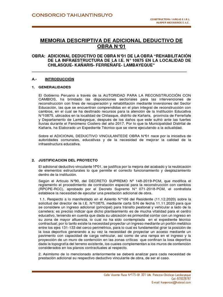 Memoria Descriptiva de Adicional Deductivo Vinculante N°01 | PDF