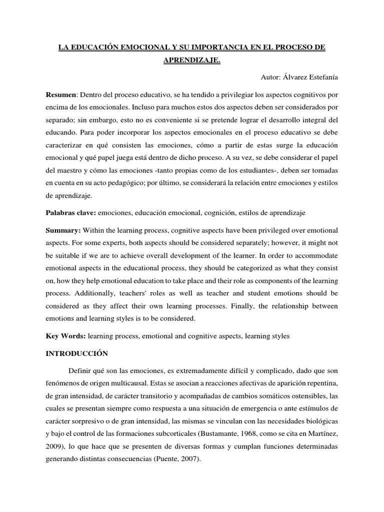 Importancia De Las Emociones En Educación Pdf Las Emociones