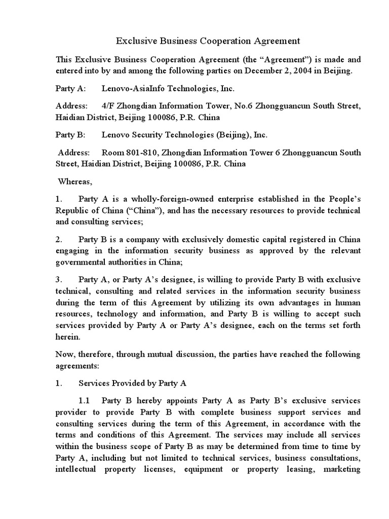 Exclusive Business Cooperation Agreement | PDF | Indemnity ...