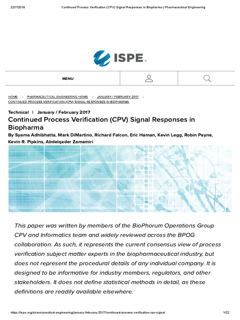 Continued Process Verification (CPV) Signal Responses in Biopharma ...