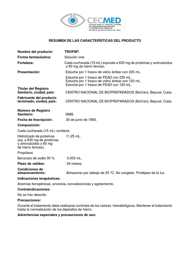 RCP Trofin 0 | PDF | Hierro | Medicamentos con receta