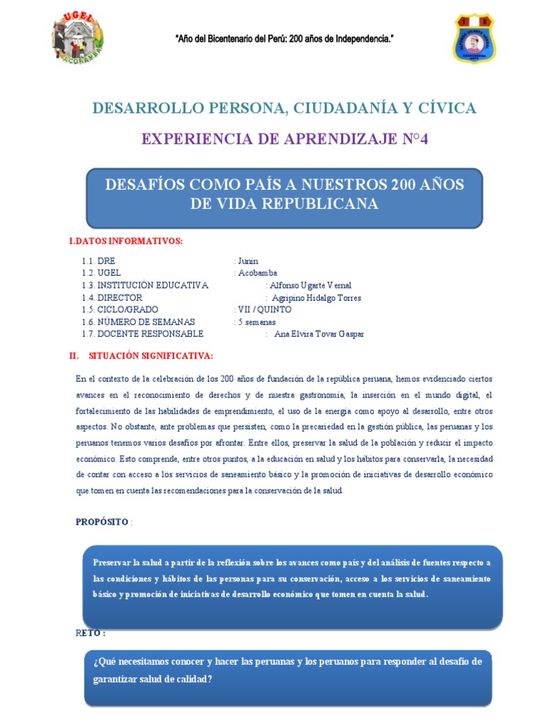 EXPERIENCIA N°4 - 5to GRADO - DPCC | PDF | Aprendizaje | Perú