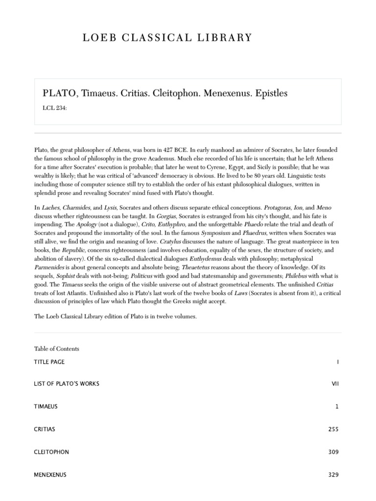 Plato, Timaeus. Critias. Cleitophon. Menexenus. Epistles - Loeb ...