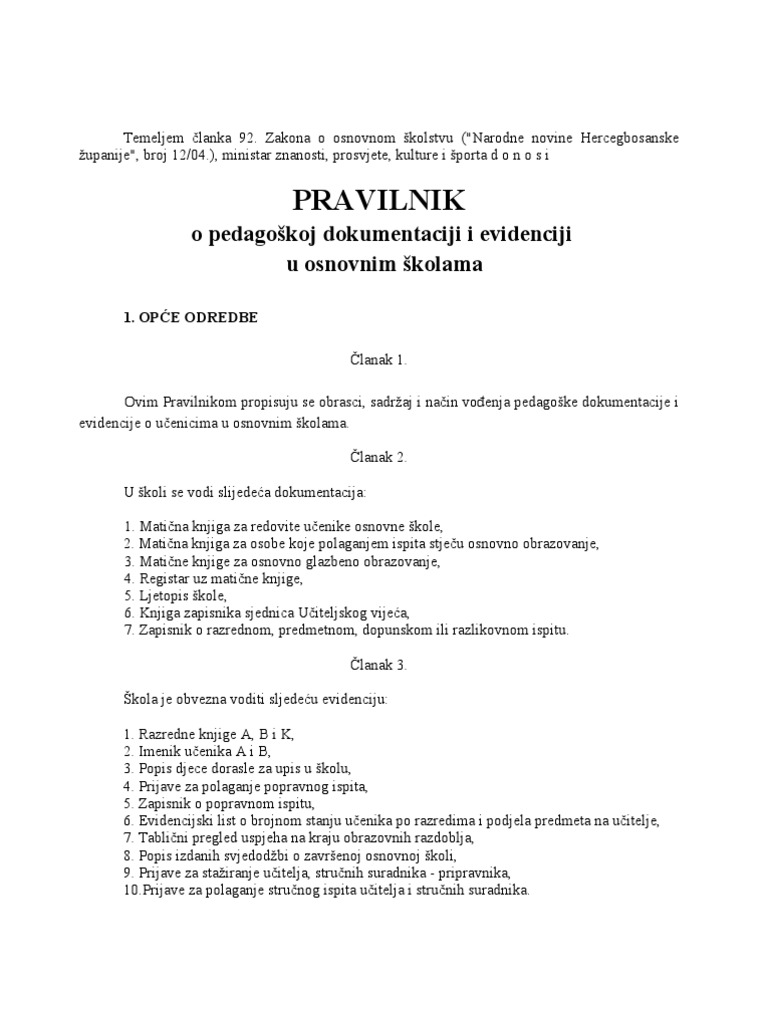 Pravilnik o Pedagoskoj Dokumentaciji | PDF