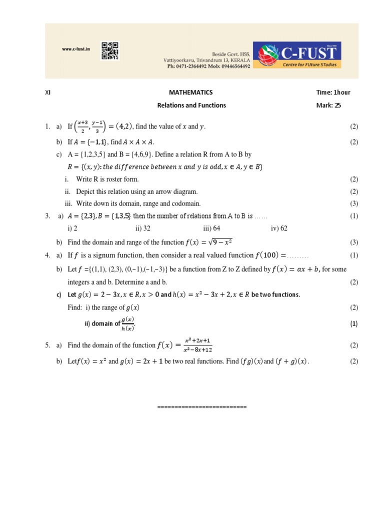Hsslive-xi-maths-focus-based-prvs-qns-Chapter 2 Relations and Functions | PDF | Function ...