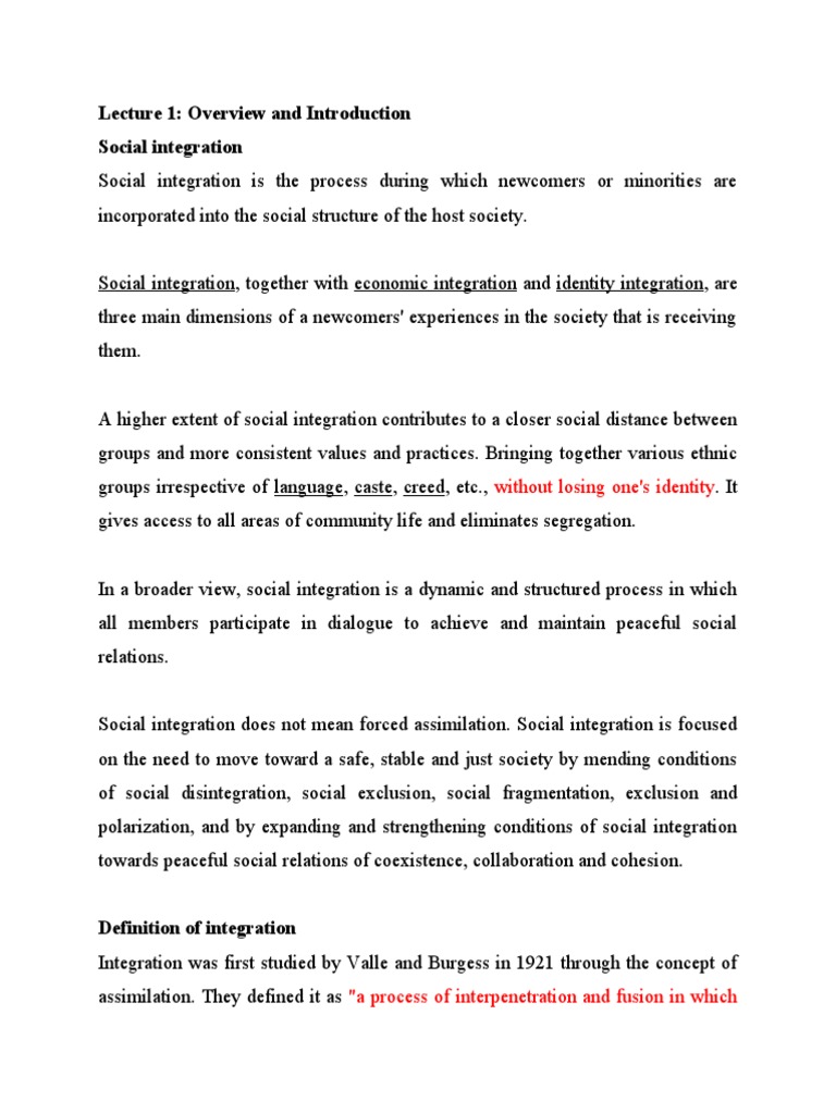 Lecture 1: Overview and Introduction Social Integration: Without Losing One's Identity ...