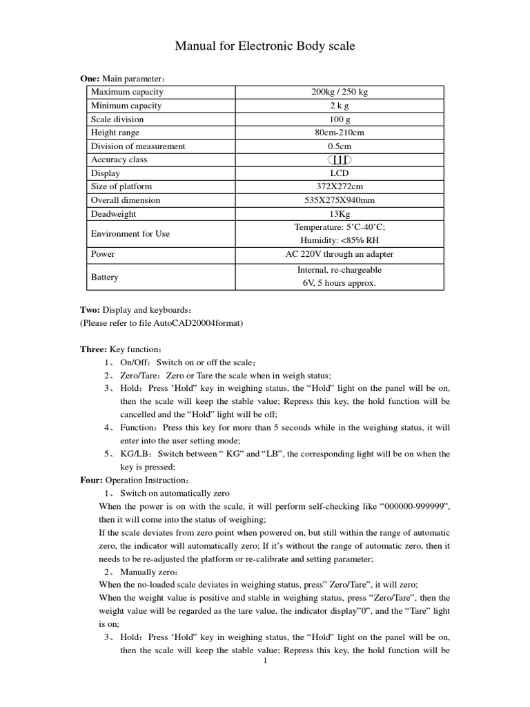 Manual For Electronic Body Scale: One: Main Parameter | PDF ...