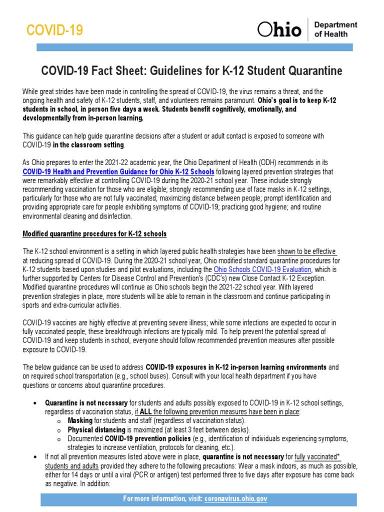 COVID-19 Fact Sheet K 12 Exposure and Quarantine | PDF | Quarantine ...