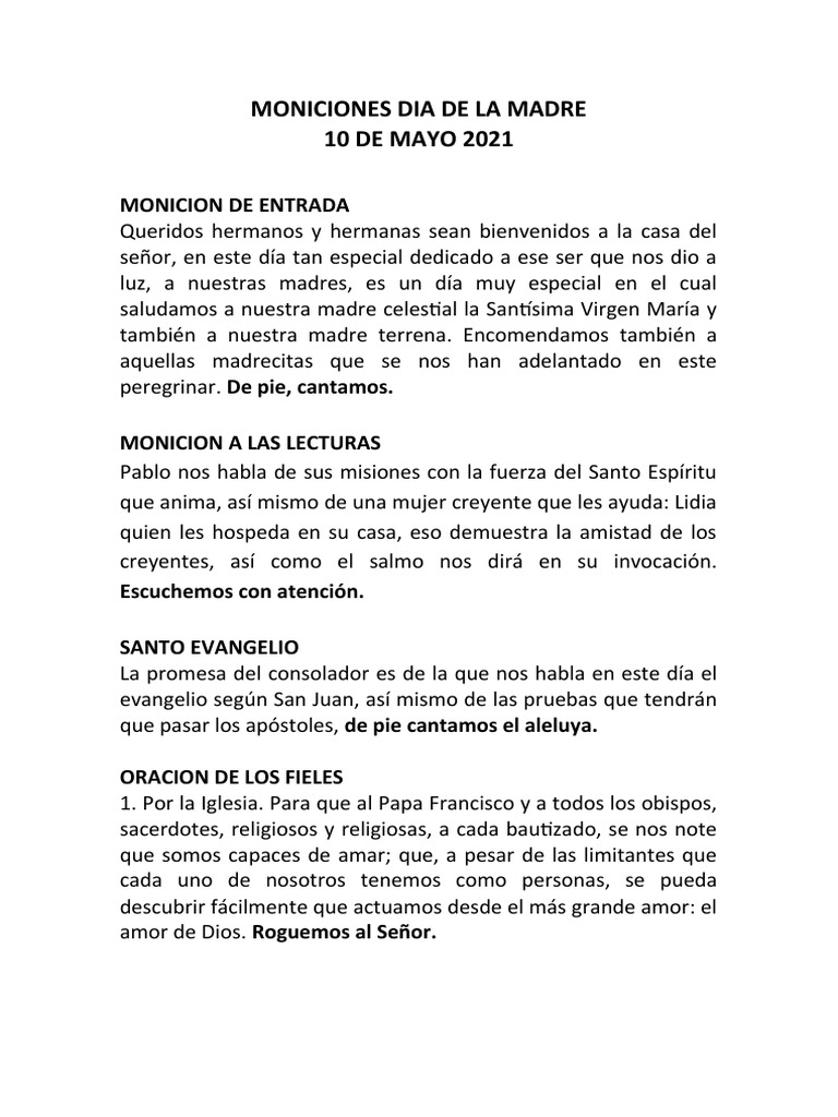 Moniciones Dia de La Madre | PDF | Misa (liturgia) | eucaristía