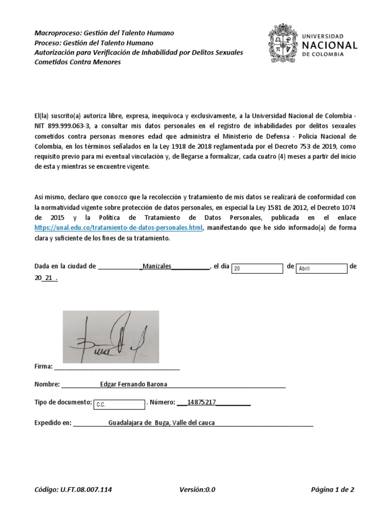 U.ft.08.007.114 - 00 - U.ft.08.007.114 Autorización para Verificación de Inhabilidad Por Delitos ...